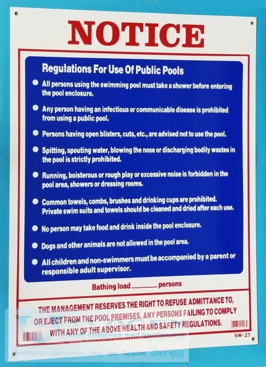 Public Pool Regulation Sign (18" W x 24" H) - Halogen Supply Company